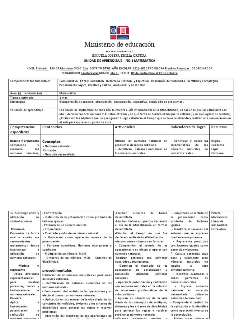 PLANIFICACION DE MATEMATICA 6to Grado | PDF | Sustracción | Exponenciación