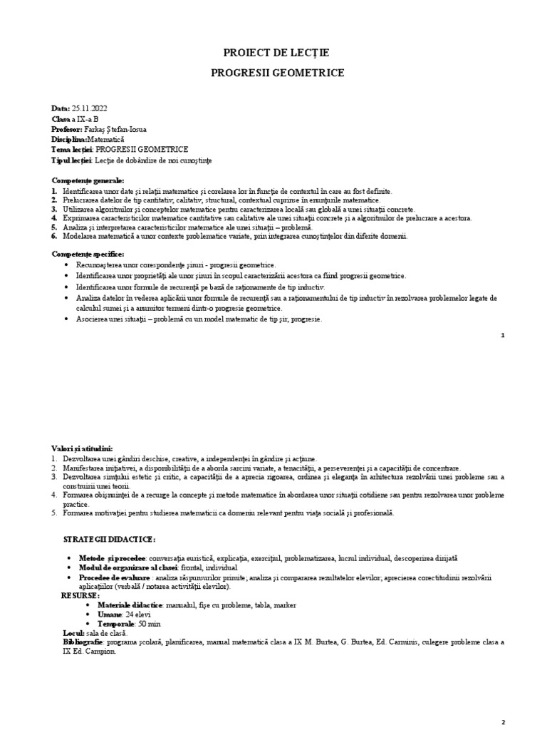 Progresii Geometrice Proiect de Lectie | PDF