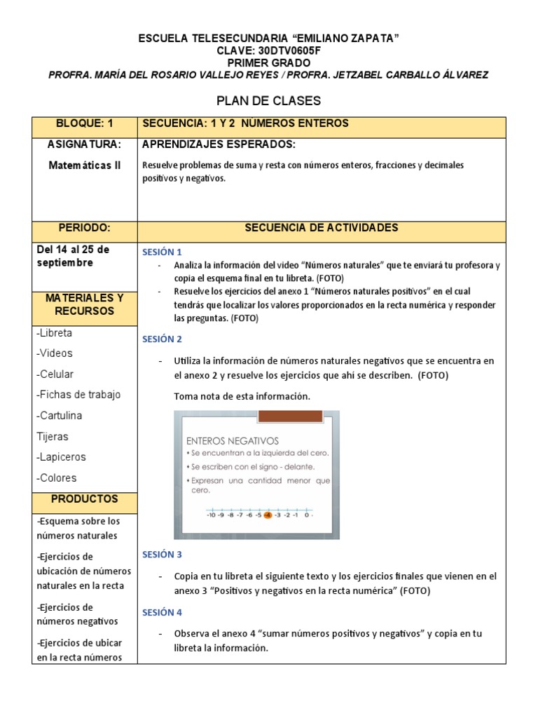 PLAN DE CLASE_MATEMATICAS | PDF | Entero | Sustracción