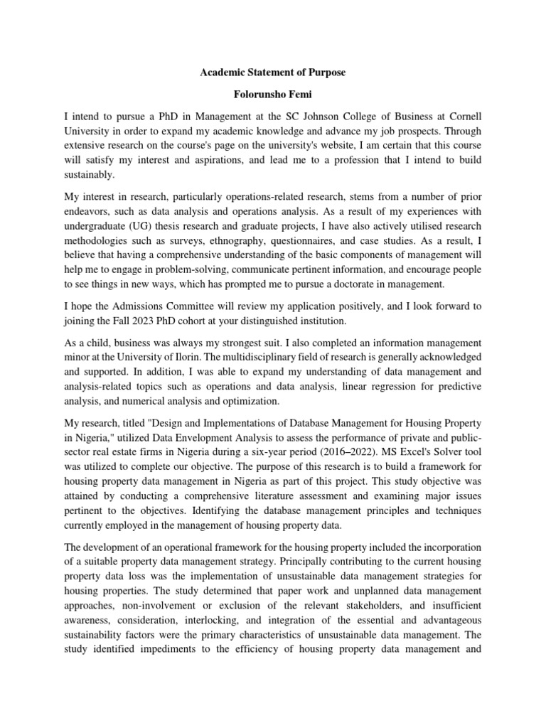 Academic Statement of Purpose - Cornell | PDF