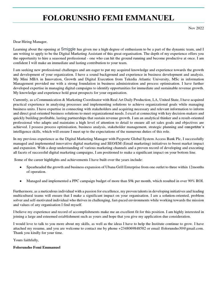 Femi Folorunsho - Cover Letter | PDF