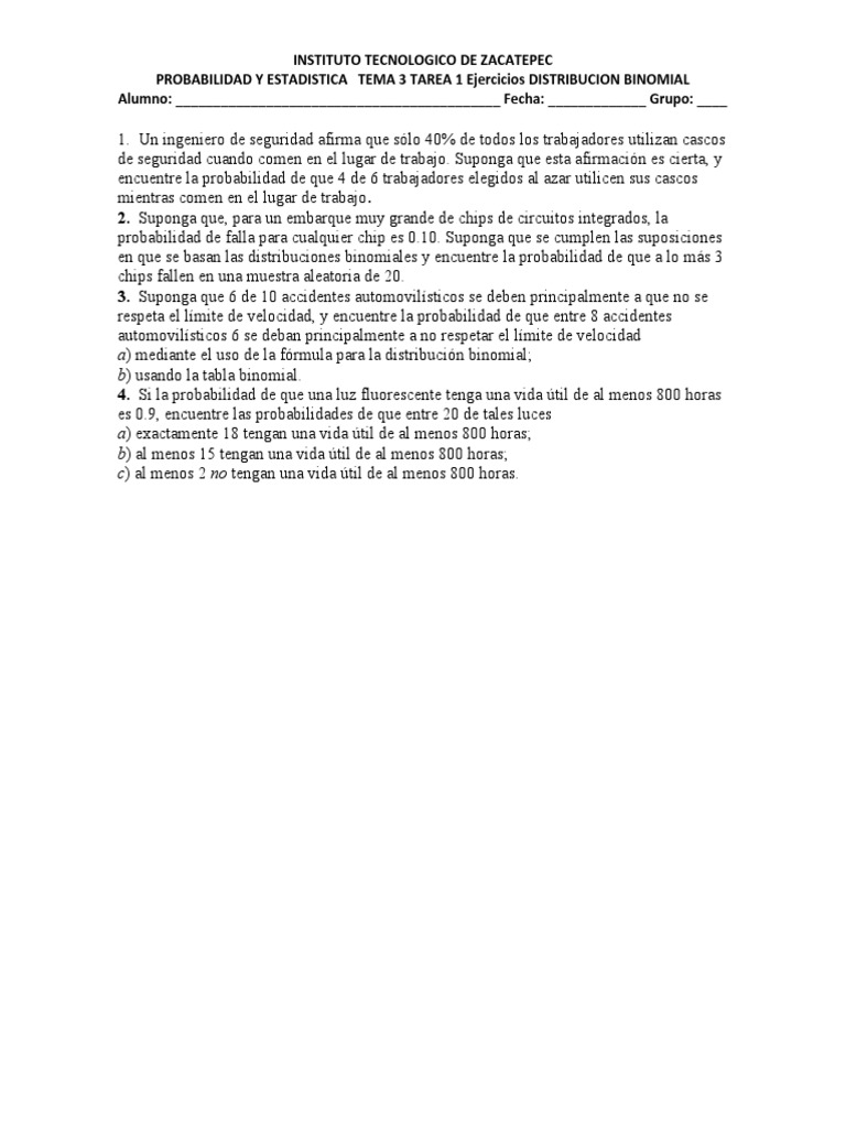 UNIDAD 3 TAREA 1 Ejercicios Distribucion Binomial | PDF