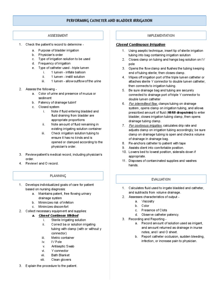 1 Performing Catheter and Bladder Irrigation | PDF | Catheter ...