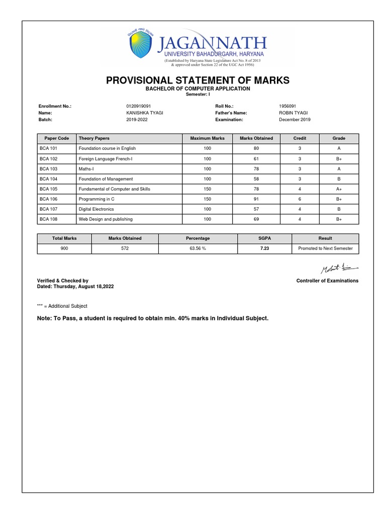 Provisional Statement of Marks: Bachelor of Computer Application ...