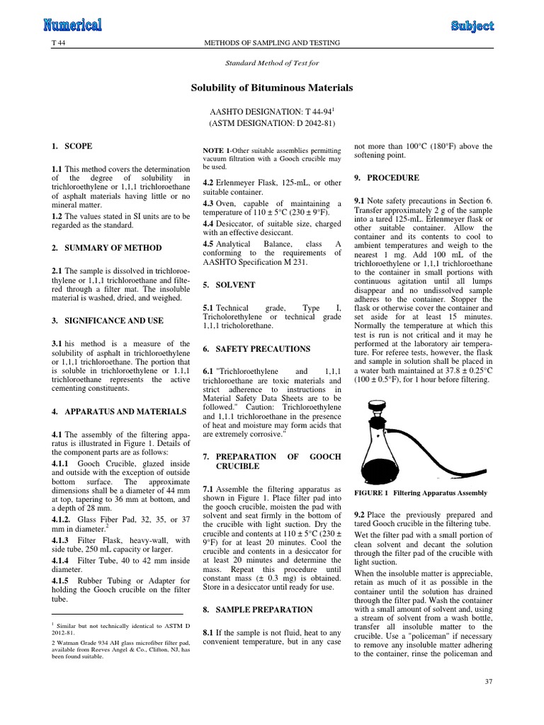 Solubility of Bituminous Materials: Standard Method of Test For | PDF ...