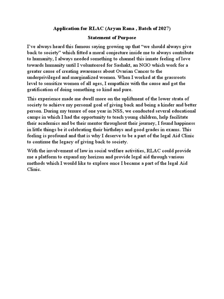 Application For RLAC - Aryan Rana, Batch of 2027 | PDF