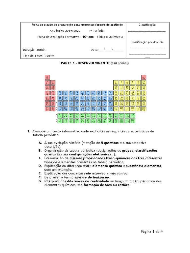 Ficha FQ Tab PERIODICA 10 ANO | PDF | Tabela periódica | Átomos