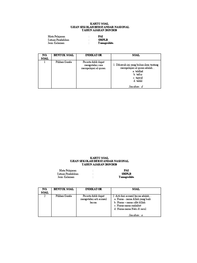 Kartu Soal Pai | PDF