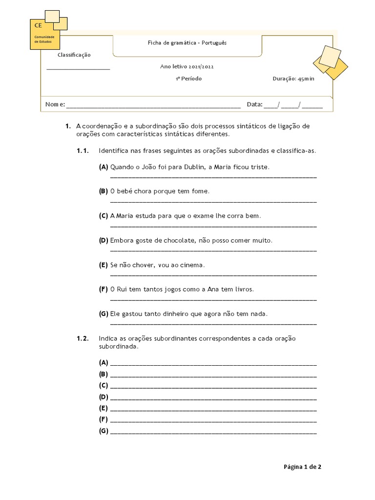 Ficha de Gramática - 9 Ano | PDF