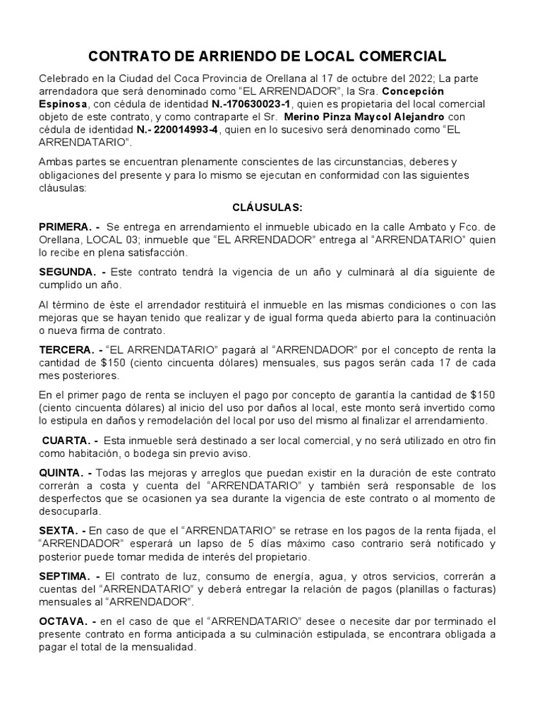 Contrato de Arriendo de Local Comercial | PDF