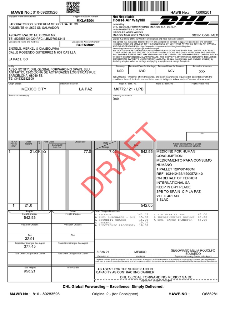 DHL Air Waybill for Medicine Shipment from Mexico to Bolivia | PDF ...