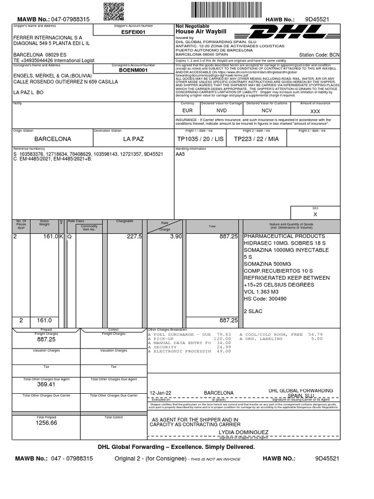 Original 2 - (For Consignee) - HAWB No - 9D45521 | PDF