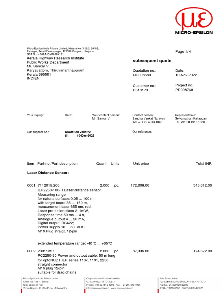Laser & Sensor Equipment Quotation | PDF