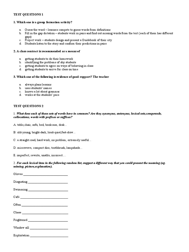 TEST QUESTIONS Methodology | PDF | Reading Comprehension | Language ...