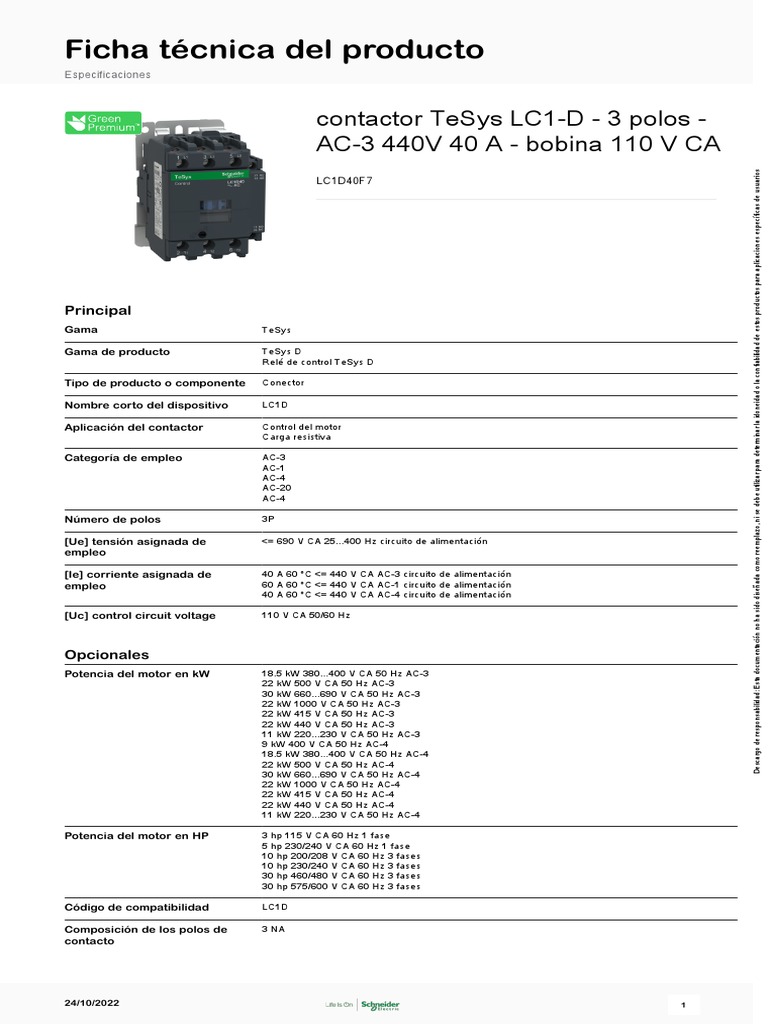 Especificaciones técnicas del contactor TeSys LC1-D de 3 polos AC-3 de ...