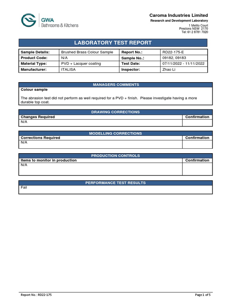 Brushed Brass PVD+Lacquer Colour Sample - Italisa - RD22-175-E | PDF