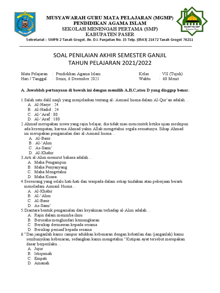 Soal MGMP Pas Kelas 7 Ganjil 2021 | PDF
