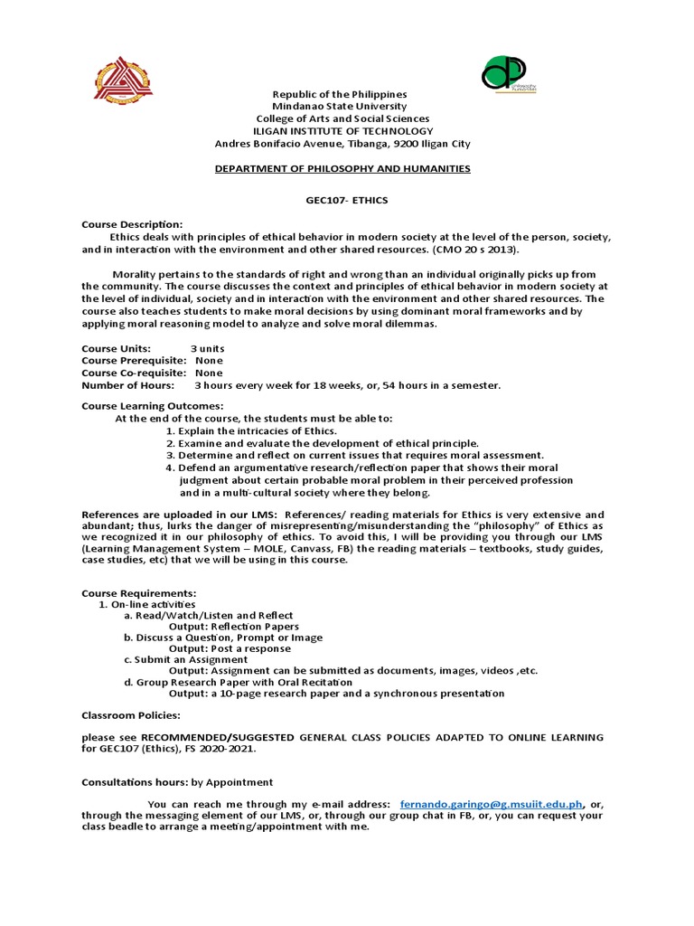 Gec107 Ethics Syllabus | PDF | Morality | Psychology