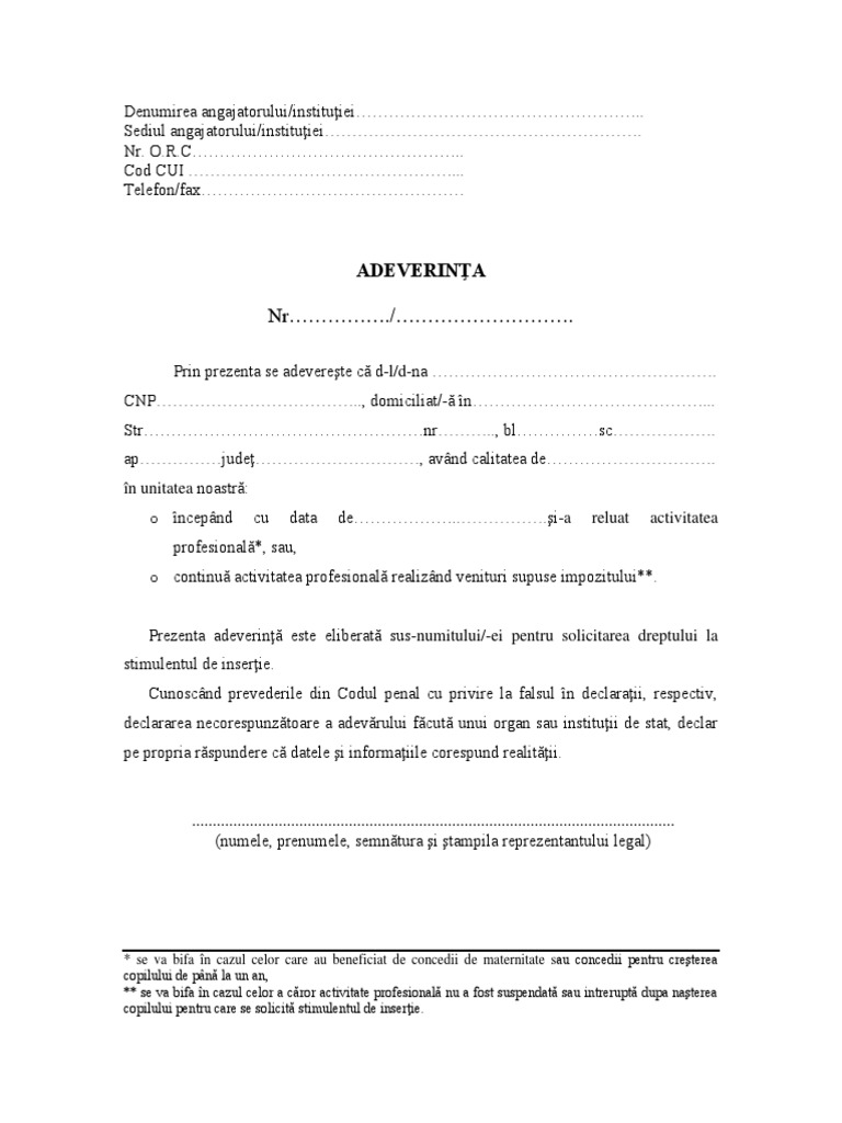 Adeverinta Angajator Reluare Activitate | PDF Adeverinta Angajator Reluare Activitate | PDF