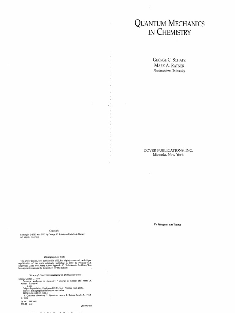 Quantum Mechanics in Chemistry by George. C. Schatz, Mark A. Ratner | PDF