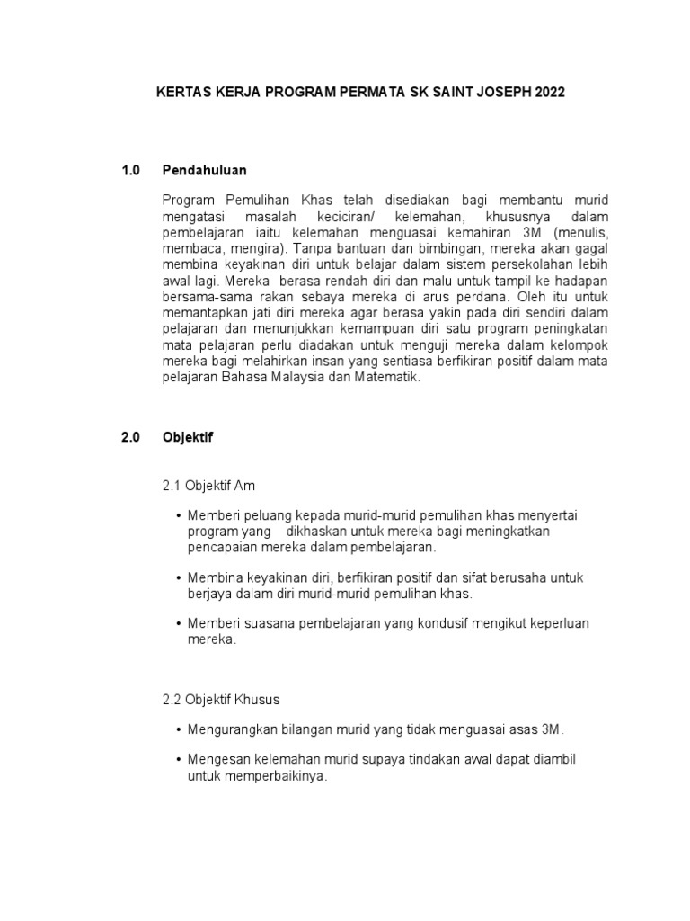 Kertas Kerja Program Permata SK Saint Joseph 2022 | PDF