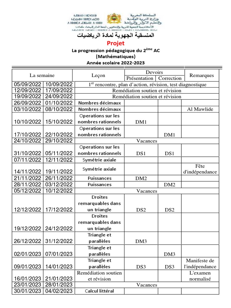 Fiche Pédagogique Math 2AC 2022-2023 | PDF | Mathématiques ...
