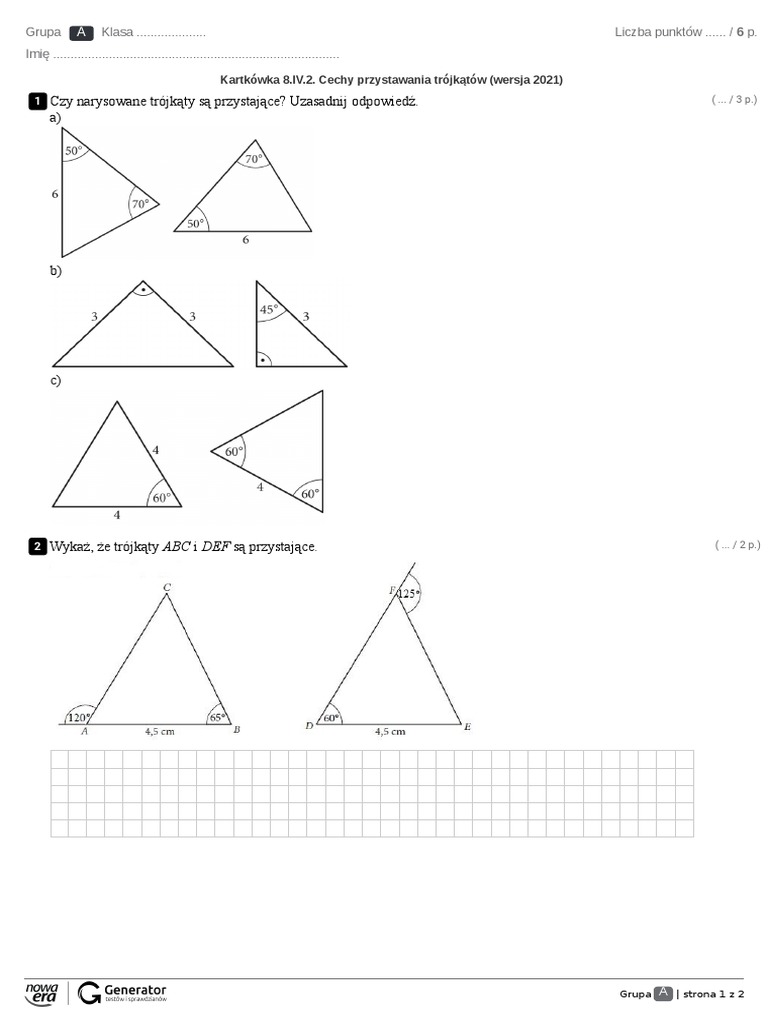 Kartkówka 8.IV.2. Cechy Przystawania Trójkątów (Wersja 2021) Test (Z ...