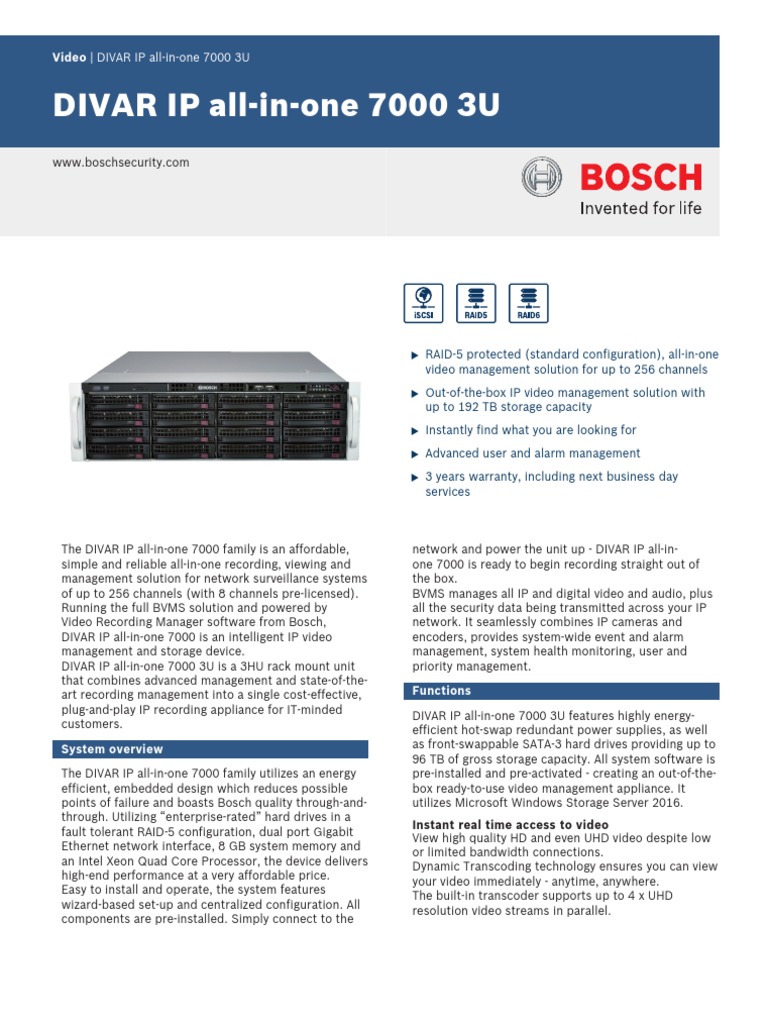 DIVAR IP All-In-One 7000 3U Datasheet 51 en 66297110155 | PDF | Hard Disk Drive | Desktop Computer