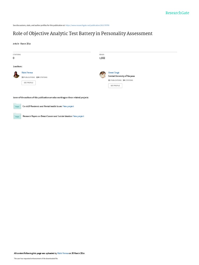 Roleof Objective Analytic Testbatteryin Personality Assessment PDF | PDF