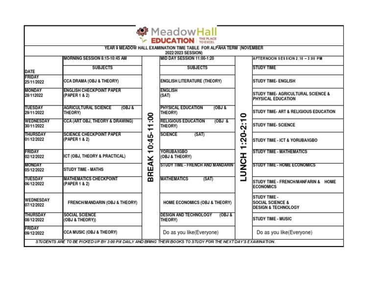 Year 9 Alpha Term Examination 2022 Timetable-1 | PDF | Science