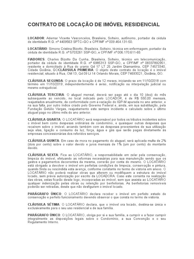 Contrato de Locação Residencial em GO | PDF | Aluguel | Indenização