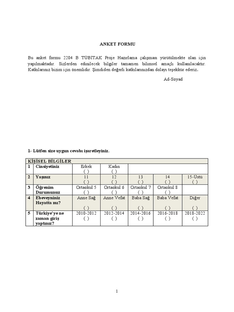 Anket Formu Ornegi Word | PDF