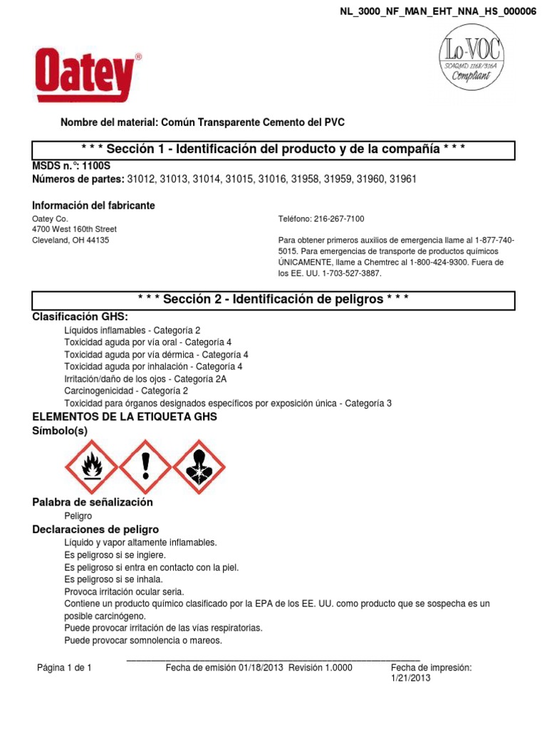 MSDS Pegamento PVC Oatey | PDF | Combustión | Agua