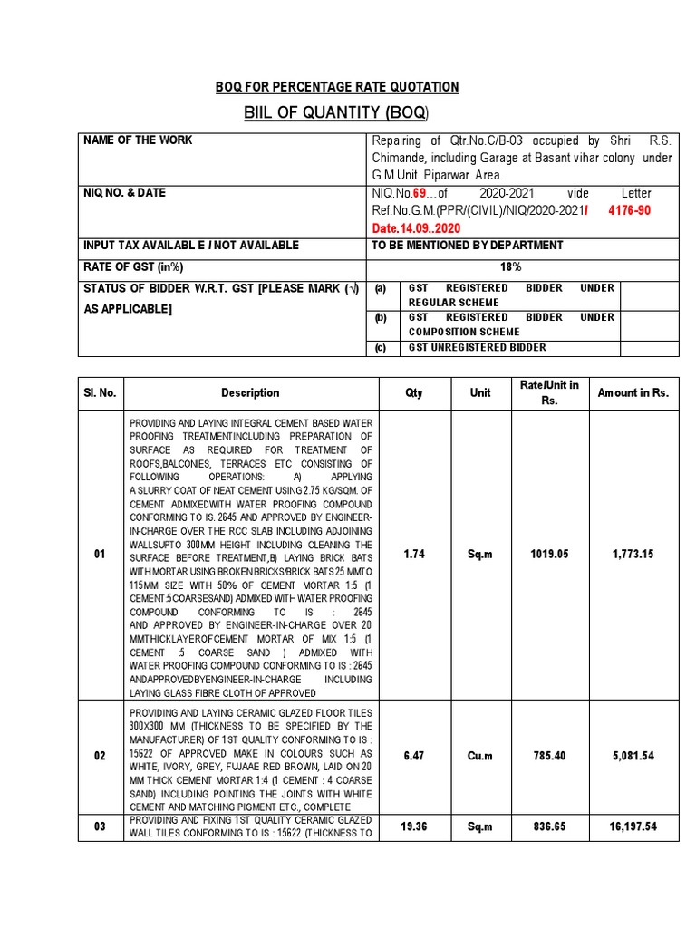 Biil of Quantity (Boq) : Boq For Percentage Rate Quotation | PDF | Pipe ...