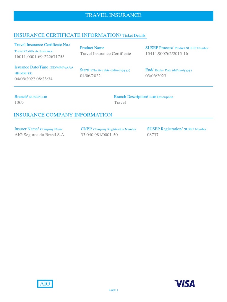 Travel Insurance Certificate | PDF | Insurance | Insurance Broker