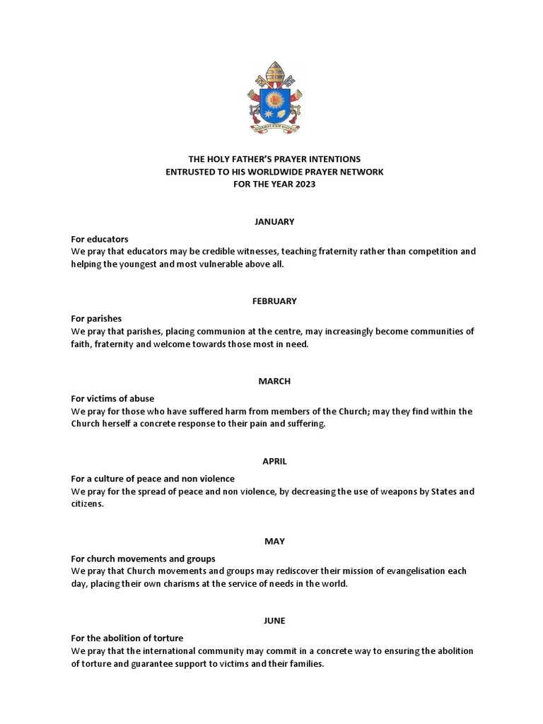 Eng Holy Fathers Prayer Intentions 2023 | PDF | Catholic Church | Prayer