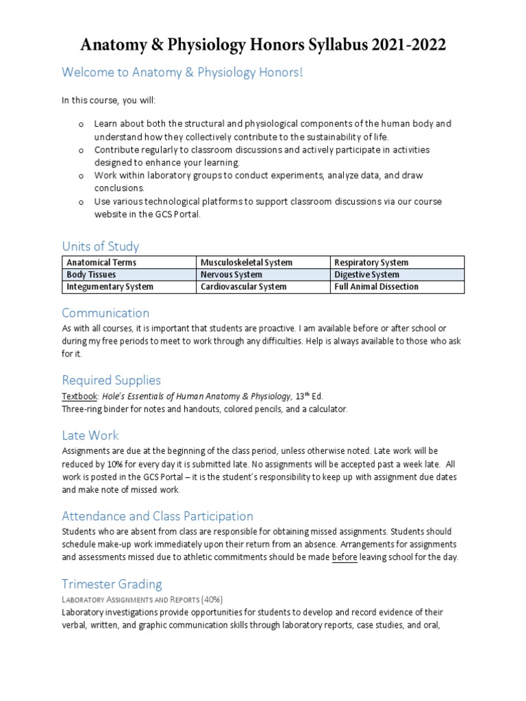 Anatomy and Physiology Syllabus | PDF