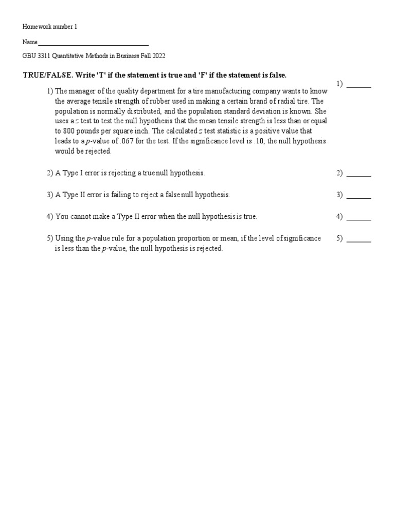GBU 3311 Quantitative Methods in Business Fall 2022 Homework 1 | PDF ...