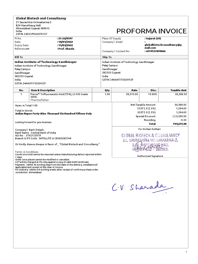 Proforma Invoice: Global Biotech and Consultancy | PDF