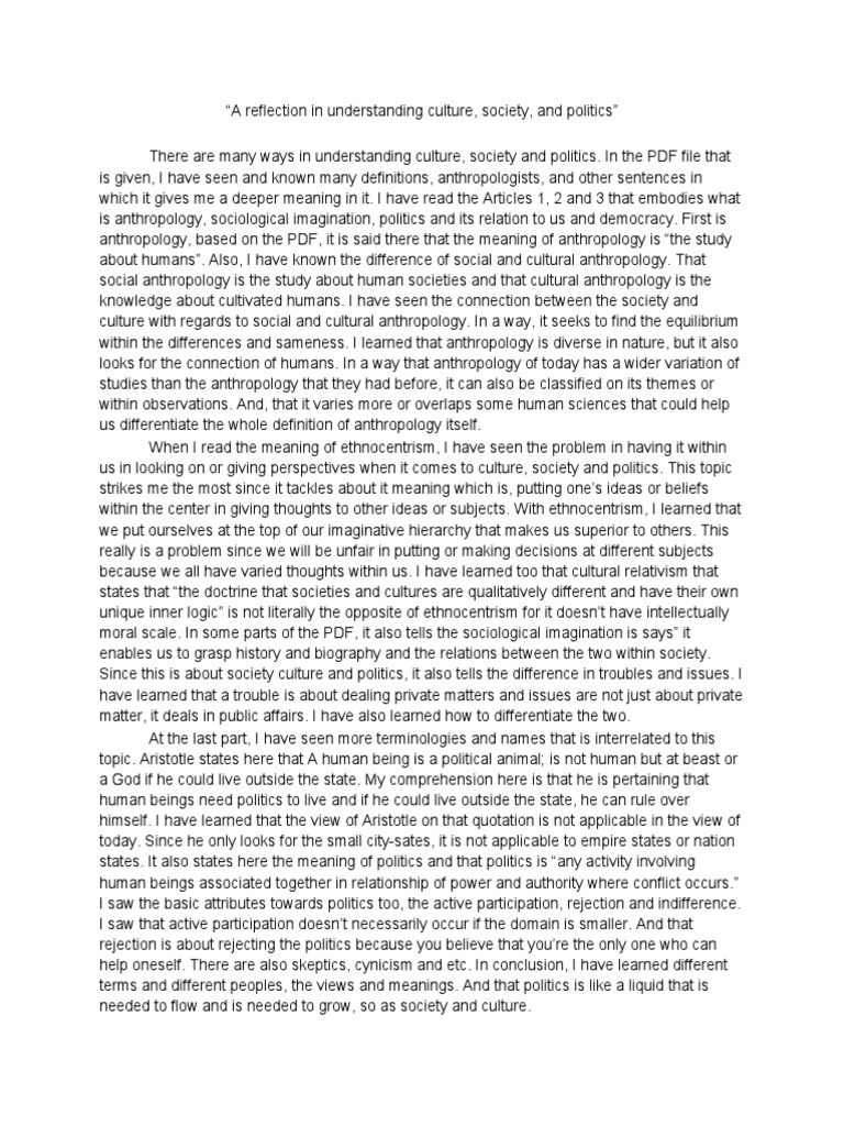 A Reflection in Understanding Culture | PDF | Anthropology | Cultural ...