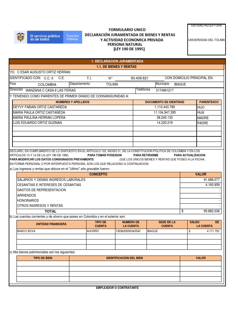 Formulario Unico Declaración Juramentada de Bienes Y Rentas Y Actividad Economica Privada ...