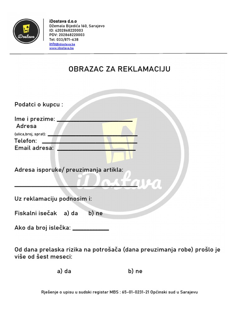 Obrazac Za Reklamaciju Idostavad.o.o. Sarajevo | PDF