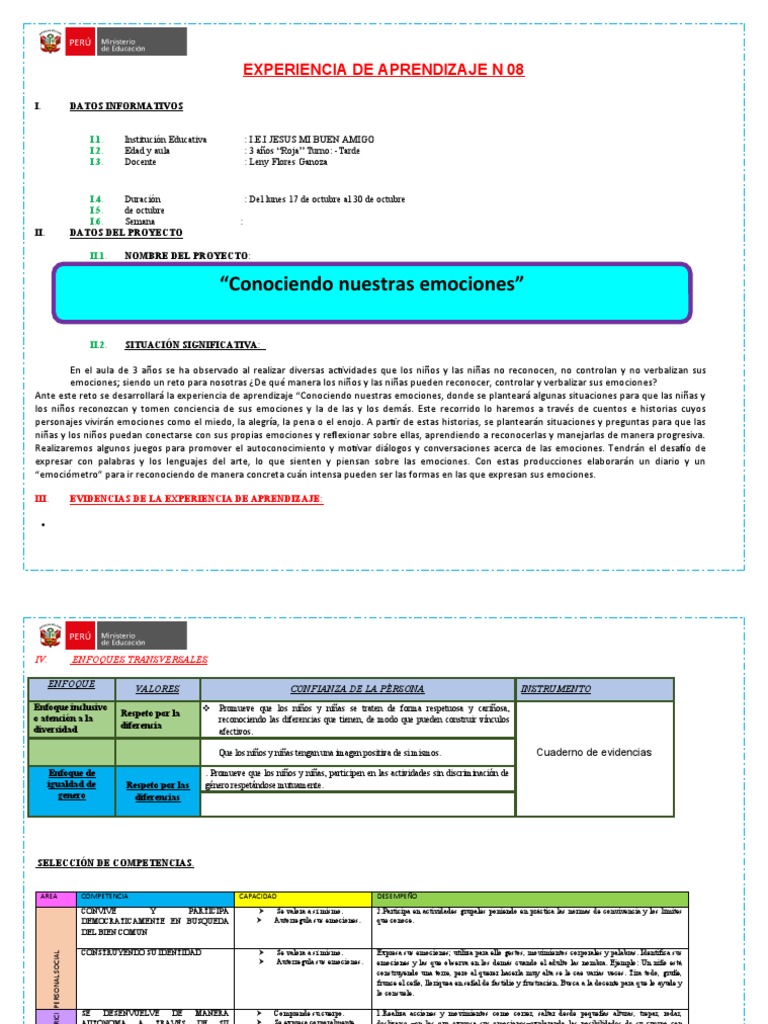 Experiencia De Aprendizaje Las Emociones 3 Años Terminado Pdf