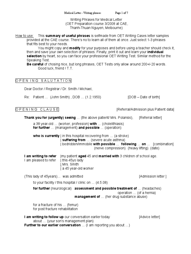 OET Writing Phrases For Medical Letter | PDF