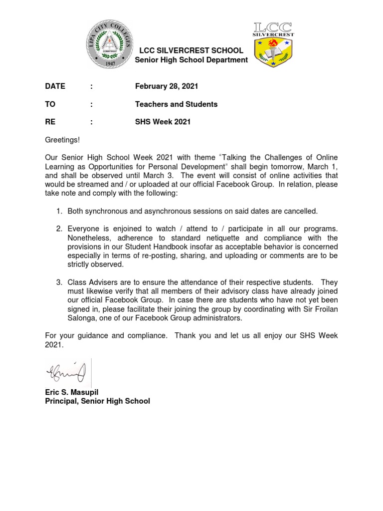 SHS WEEK 2021 - Reminders | PDF