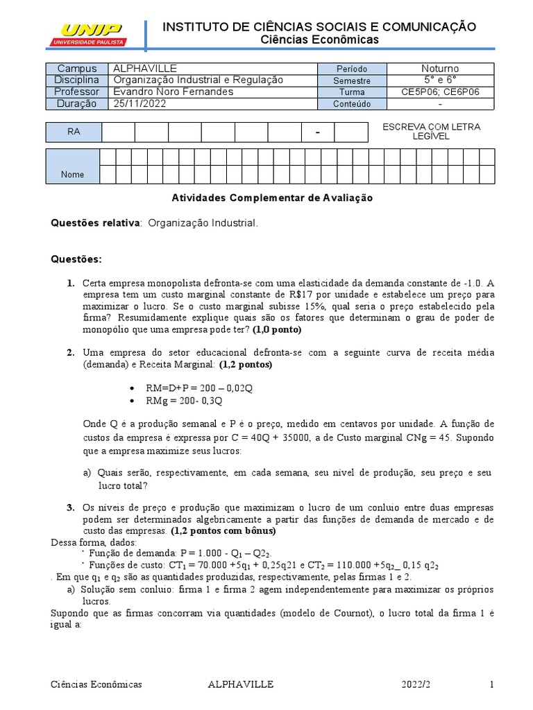 ATIVIDADES Complementar de Nota CE Alphaville | PDF | Monopólio | Mercado (economia)