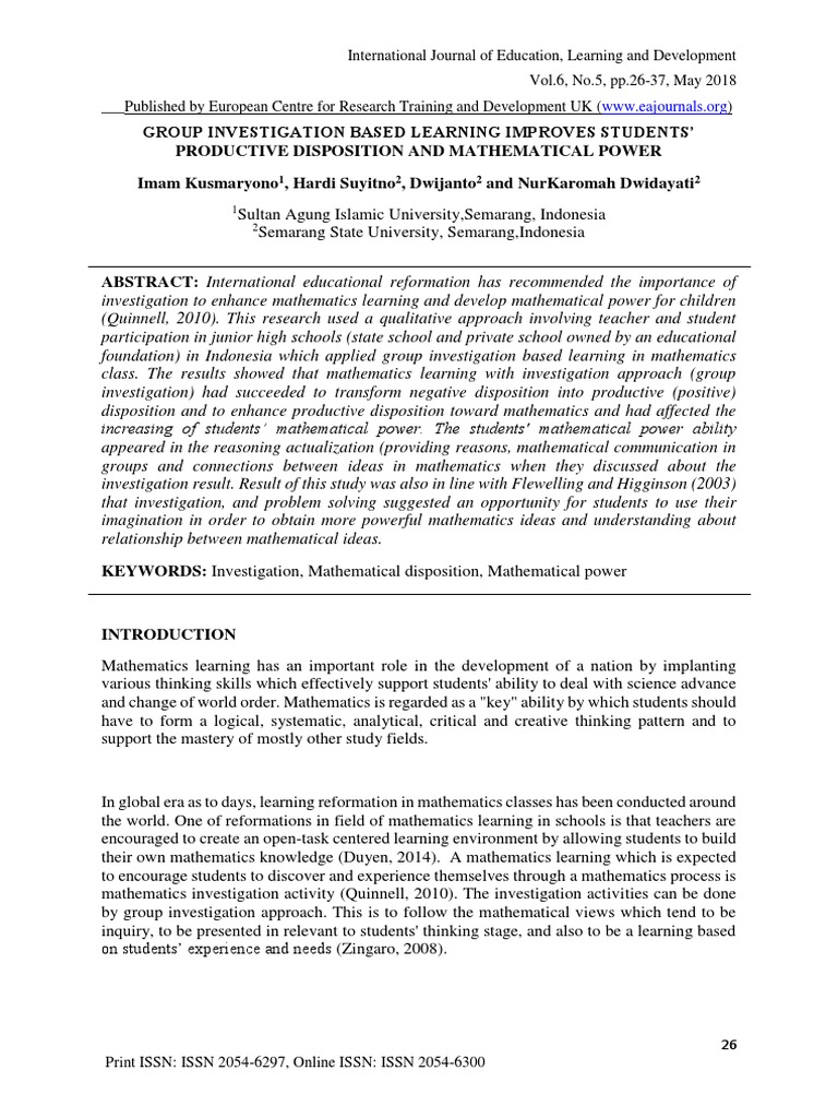 Group Investigation Based Learning Improves Students' Productive Disposition and Mathematical ...