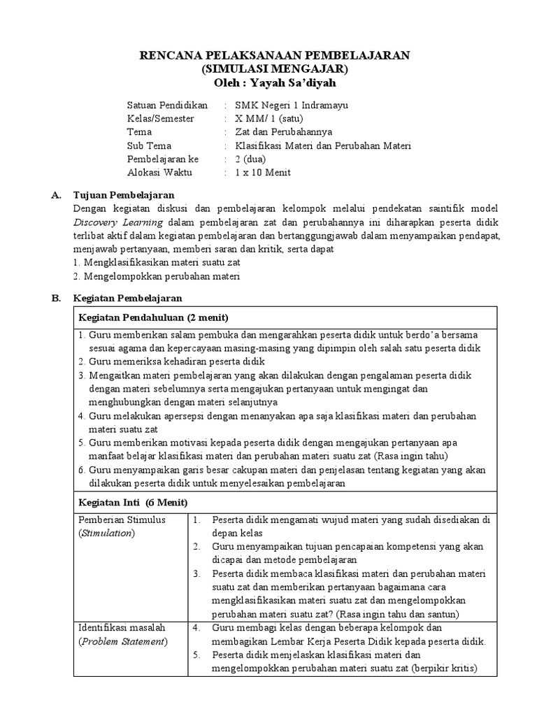 RPP 10 Menit Materi Dan Perubahannya | PDF | Karier & Perkembangan ...