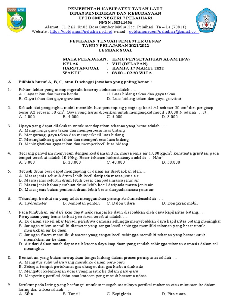 Soal PTS Ipa KLS 8 SMTR Genap 2022 | PDF