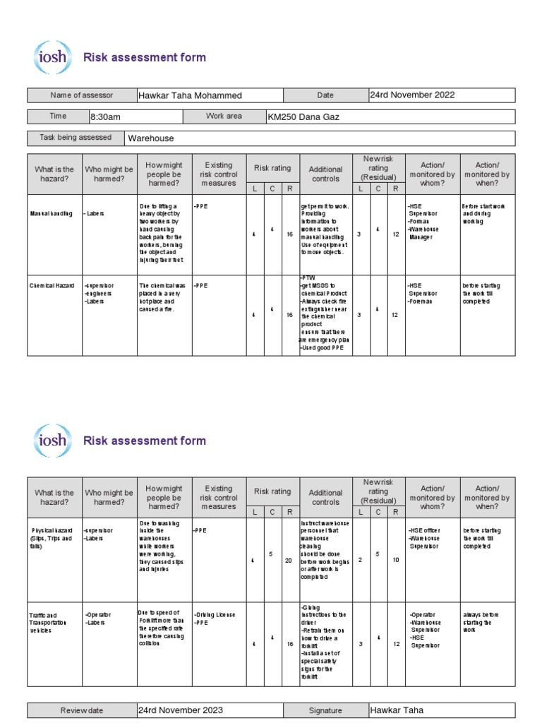 Hawkar Taha - Risk Assessment | PDF | Forklift | Risk